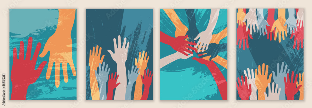 Creative poster design with raised hands of volunteers. Recruitment ...