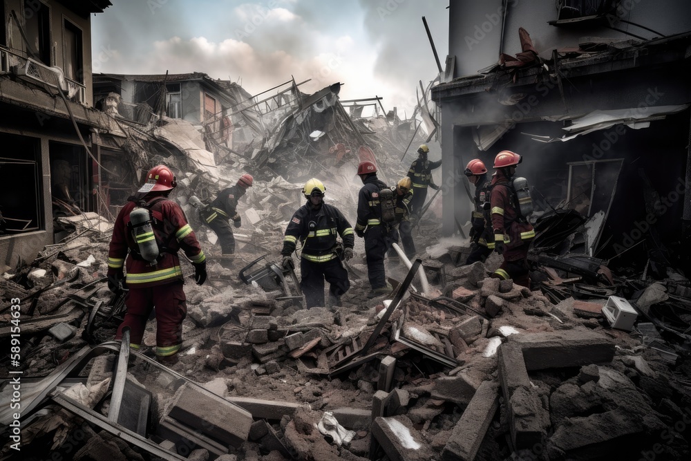 Firefighters Rescue Survivors from Rubble.Courageous firefighters work ...