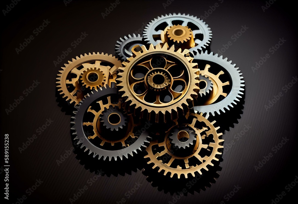 a group of gears that are gold and silver in color and size, with a ...