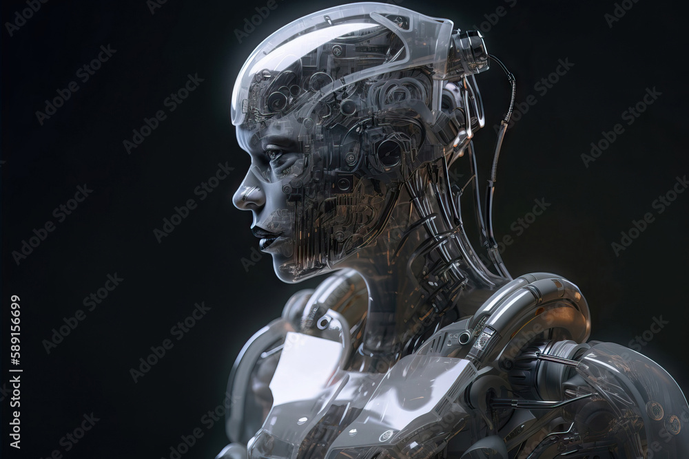 Generative AI illustration of side view of transparent humanoid cyborg ...