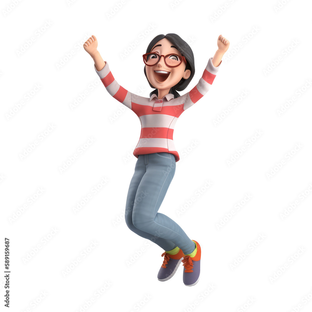 3d icon cute Young smiling Happy winning woman, people jumping ...