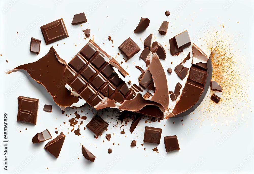 Broken Chocolate bar isolated on white, top view. Chocolate cubes on ...