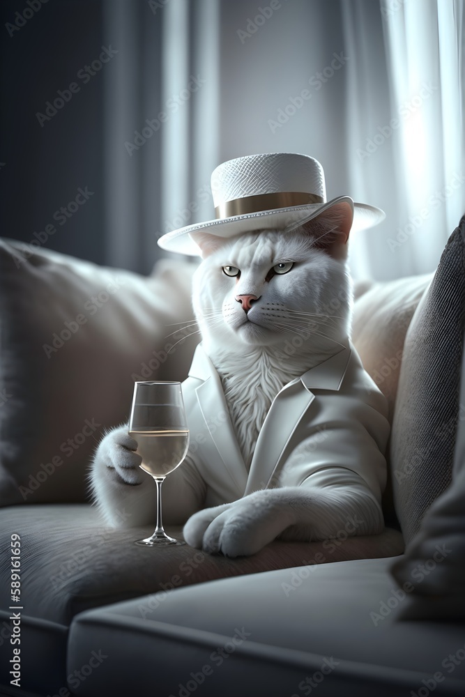 Beautiful fluffy posh cat in a white suit and a white hat, sitting as a ...