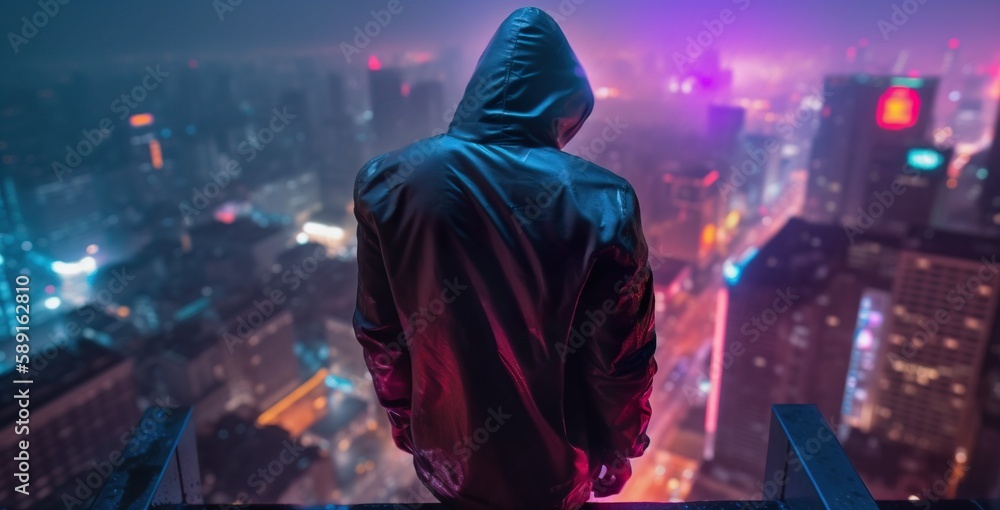 A man in a futuristic hooded jacket stands on top of a skyscraper on a ...