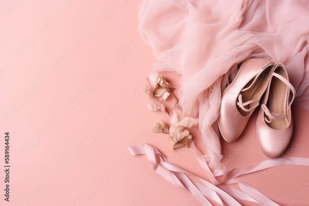 Wallpaper with ballet dance accessories, top view, pink pastel colors ...