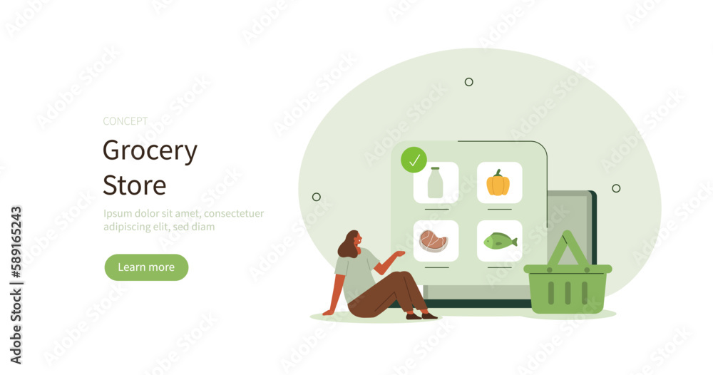 Grocery buying. Character choosing different types of groceries on ...