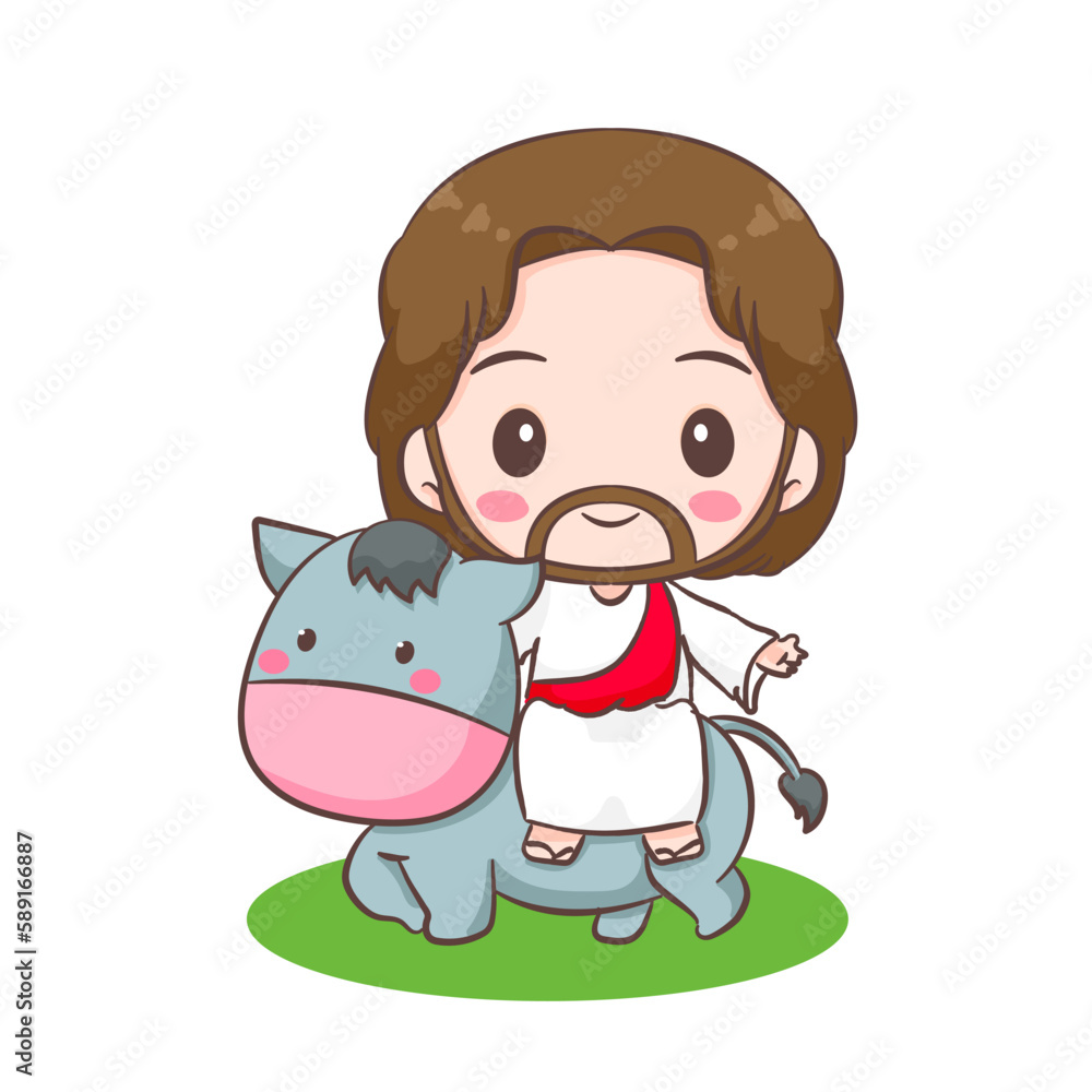 Cute Jesus Christ cartoon character riding donkey. Christian religion ...