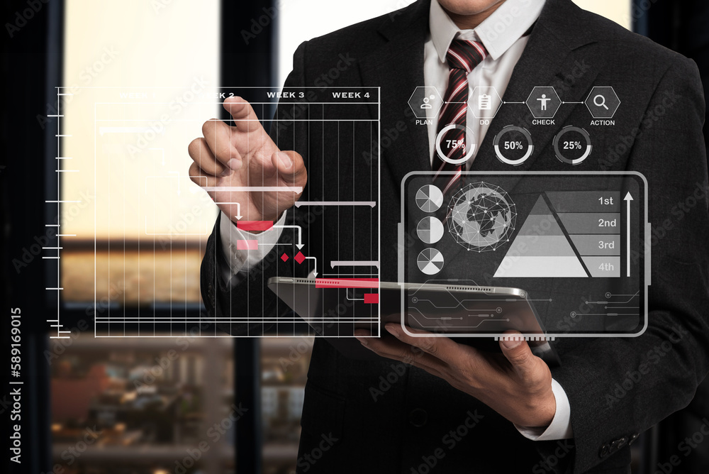 Digital marketing media in virtual icon hand Project manager working ...