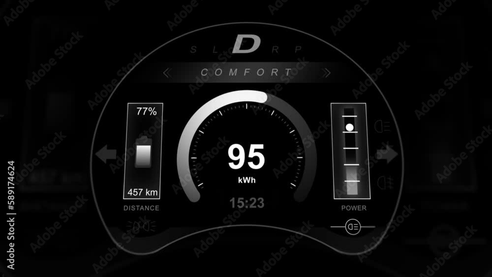 Electric Car Dashboard. Display showing GPS, map, battery, speed, time ...