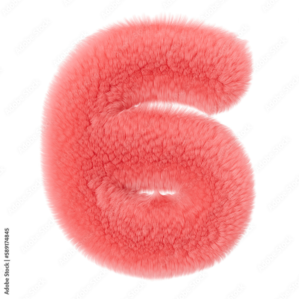 Pink and fluffy 3D number six on transparent background as png. Furry ...