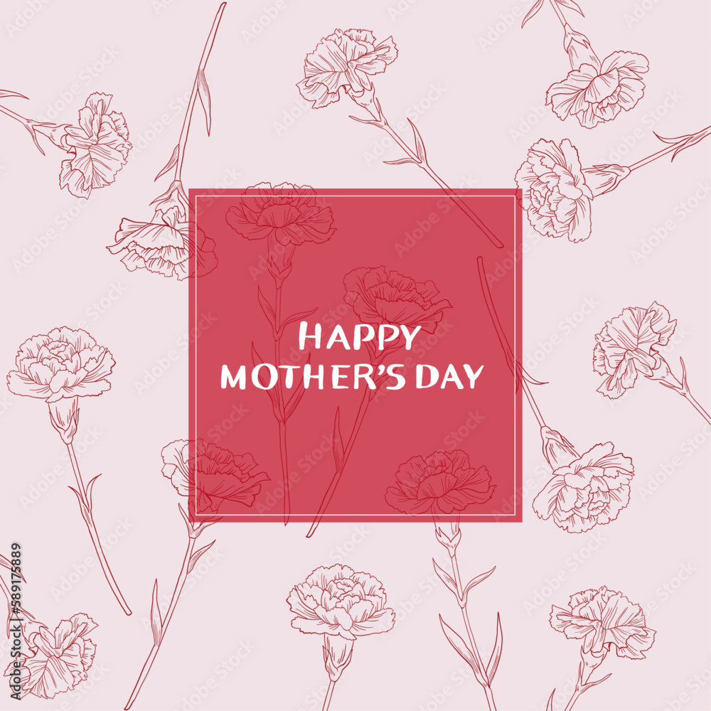 Happy Mothers Day Carnation Card Vector Illustration Line Drawing
