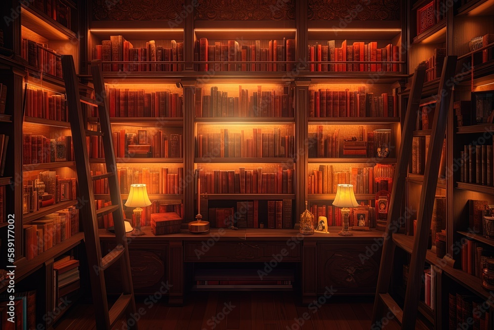 Library bookshelfes background in warm colors. Generated ai. Stock ...