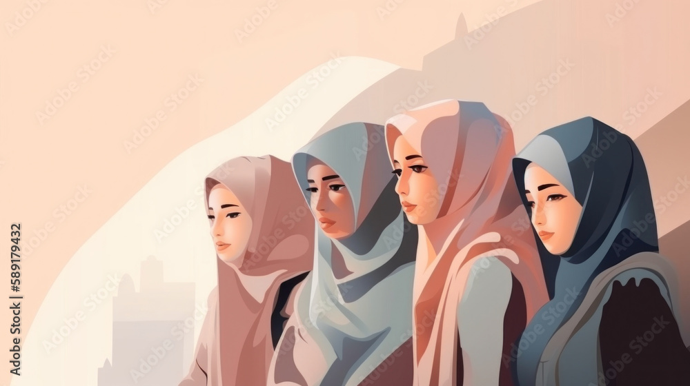 A beautiful and diverse group of Muslim women pose in front of a light ...