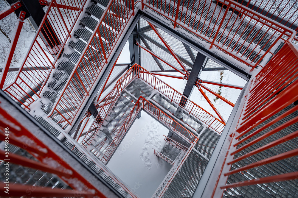 Top down view of an observation tower. Lookout tower with a geometric ...