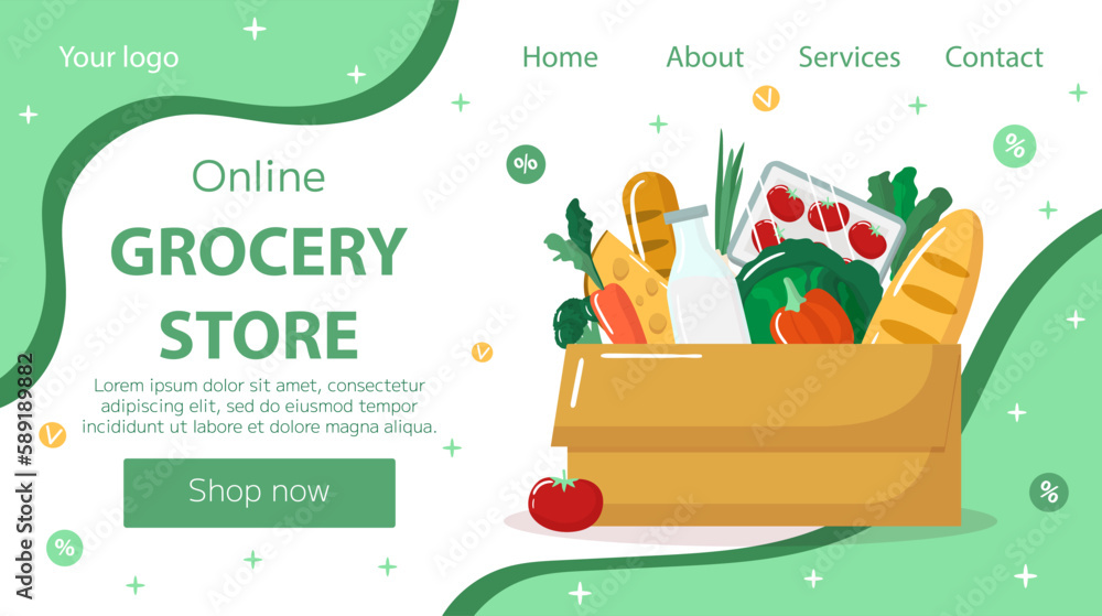 Vector online grocery store landing page template. Fresh products in ...