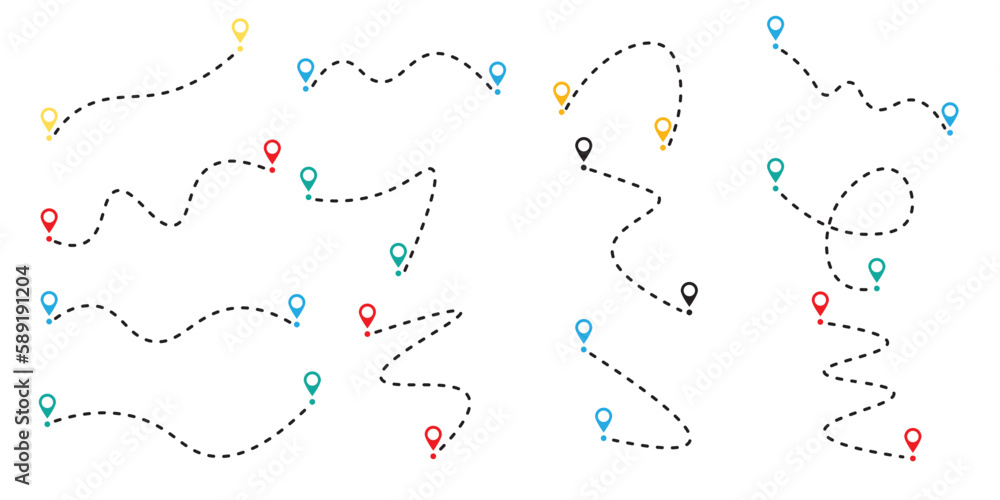 Black dotted line path with location pin pointers. Travel path set ...