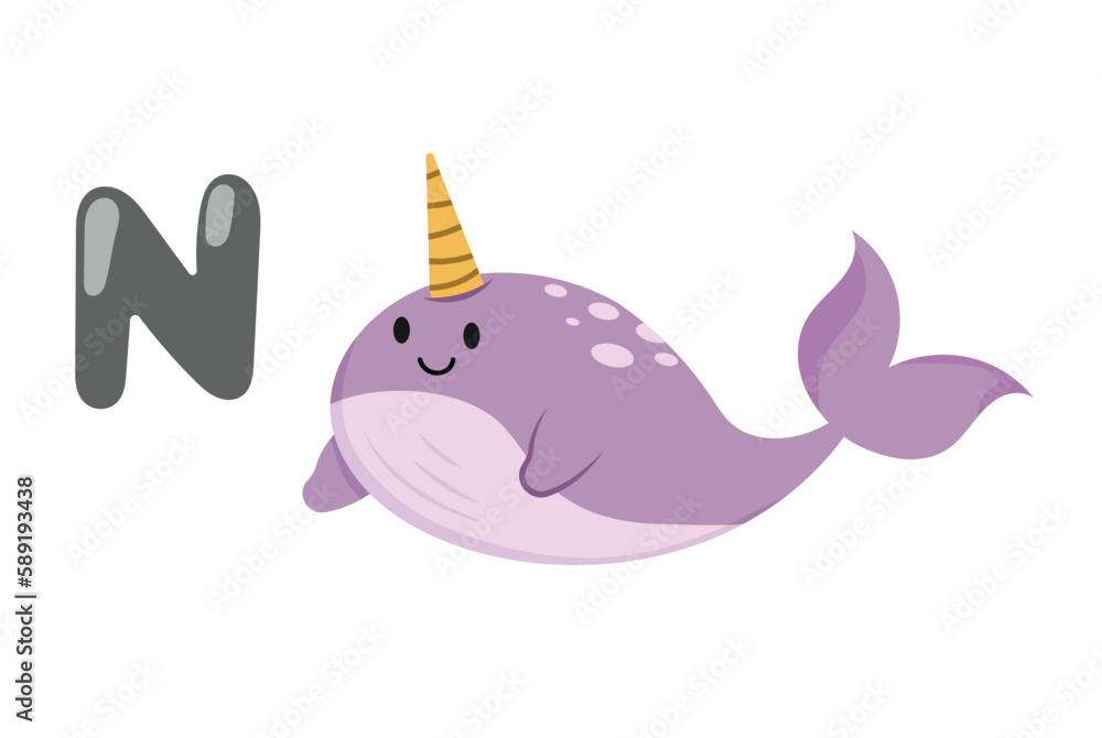Concept Alphabet N narwhal narwhale fish. This illustration features a ...