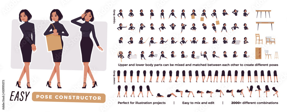 Business woman brunette character easy pose constructor. Office girl ...