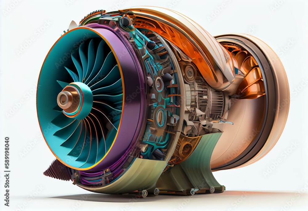 Cross section of turbofan jet engine isolated on white background. 3D rendering image with ...