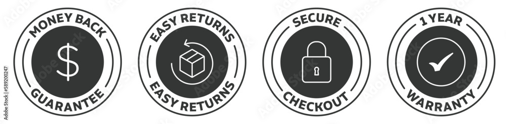 Icon set of money back guarantee, easy returns, secure checkout, 1 year ...