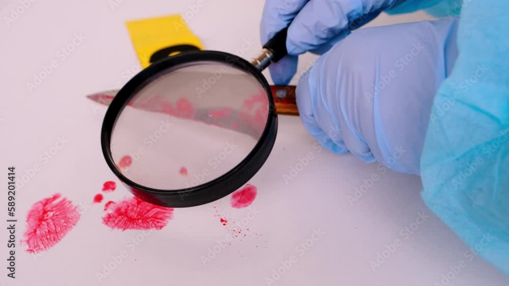 evidence idfresh splatter of red blood on white table, sharp knife ...