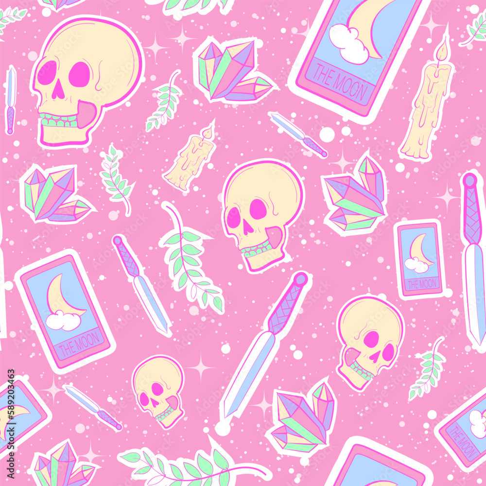 Pastel goth seamless pattern with skulls, amethysts, daggers and ...