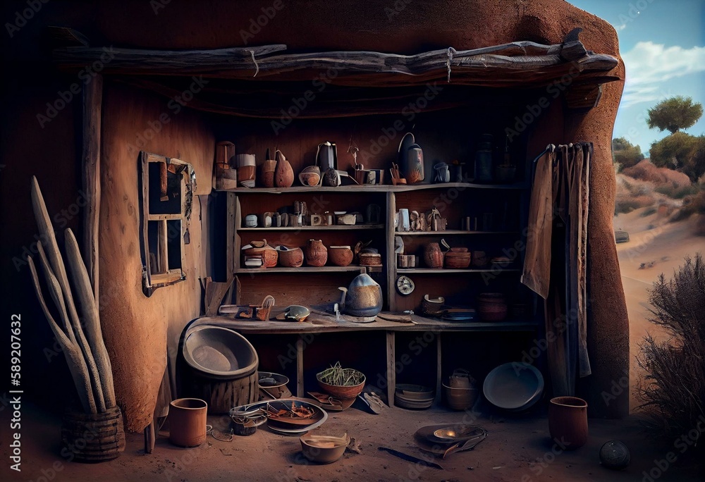 stylized mud hut with shelves with dishes on wall and furniture ...