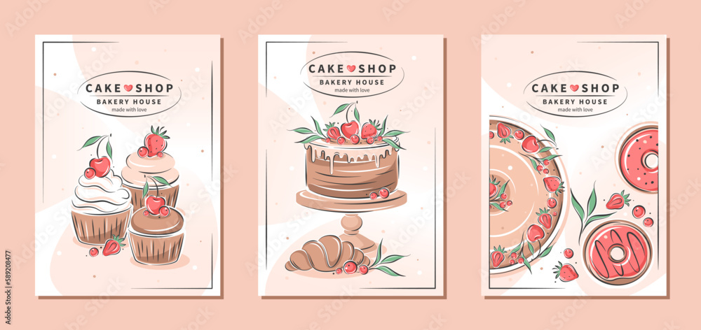 Cake shop, bakery house. Set of design sample flyers for pastry and ...
