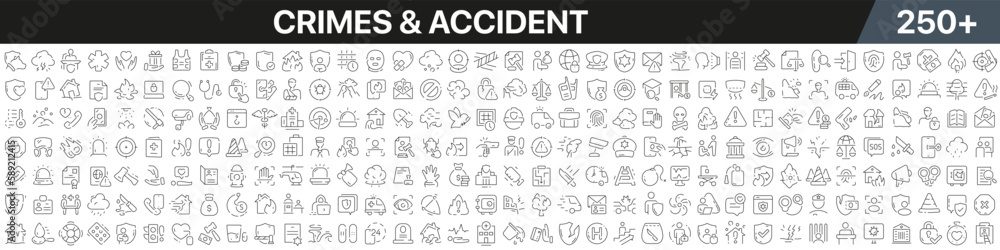 Crimes and accident linear icons collection. Big set of more 250 thin line icons in black ...