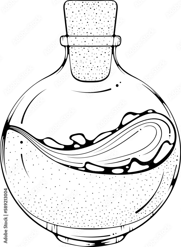 Round vial with liquid or potion. Bottle for a poison or alchemy with a ...