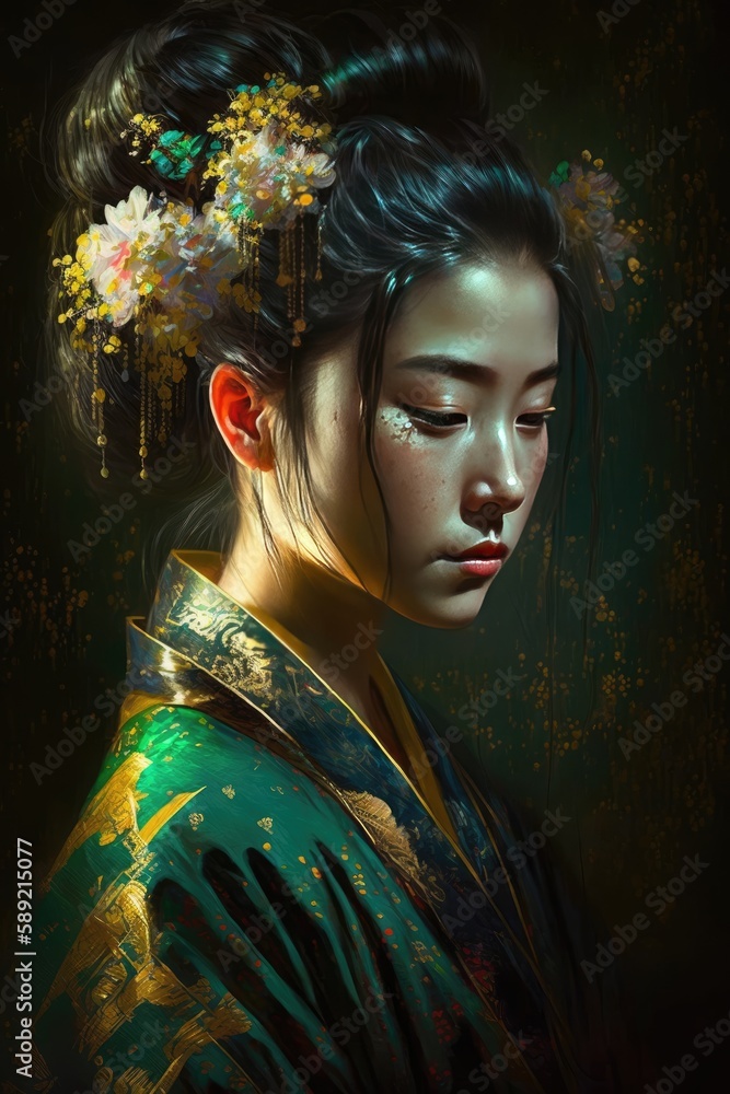 Portrait of beautiful Asian woman geisha in green and golden luxury kimono, generative AI Stock ...