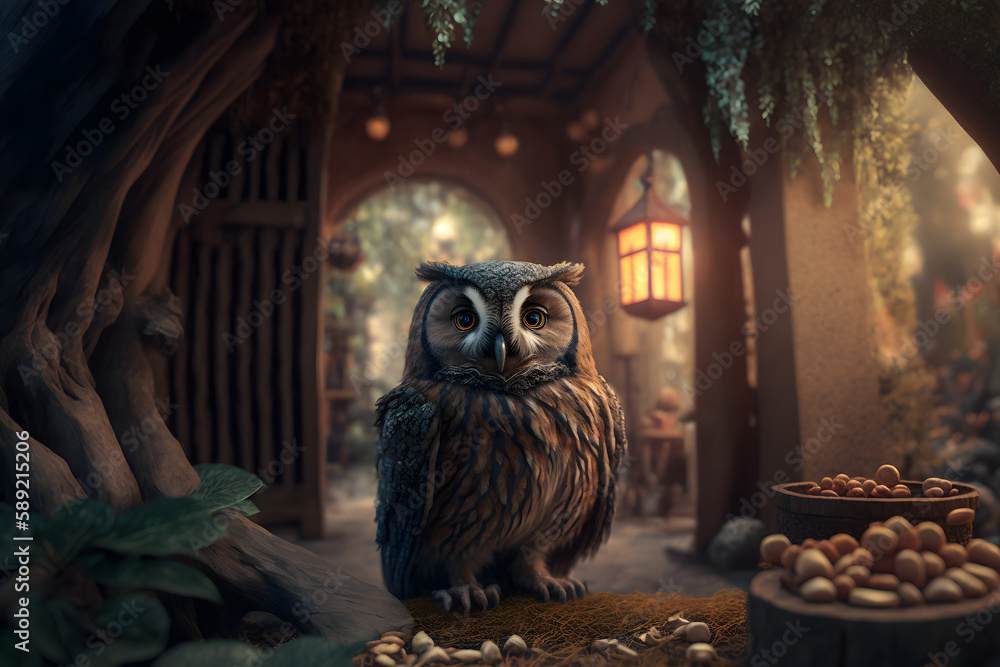 Owl guards fairy tale house in forest, the home of hobbits and forest ...