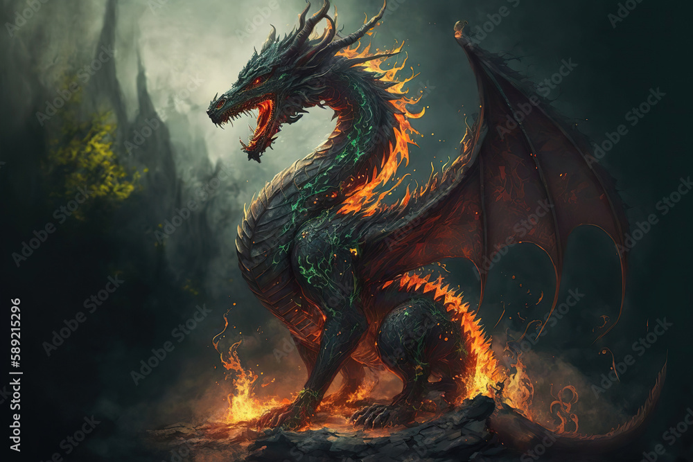 Old ancient fire dragon, glowing eyes, thick scales, dragon mouth with ...