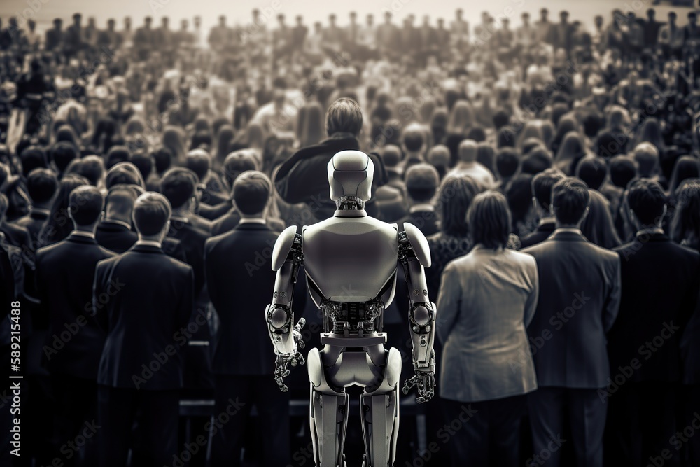 Humanoid robot performs from podium in front of audience. Future ...