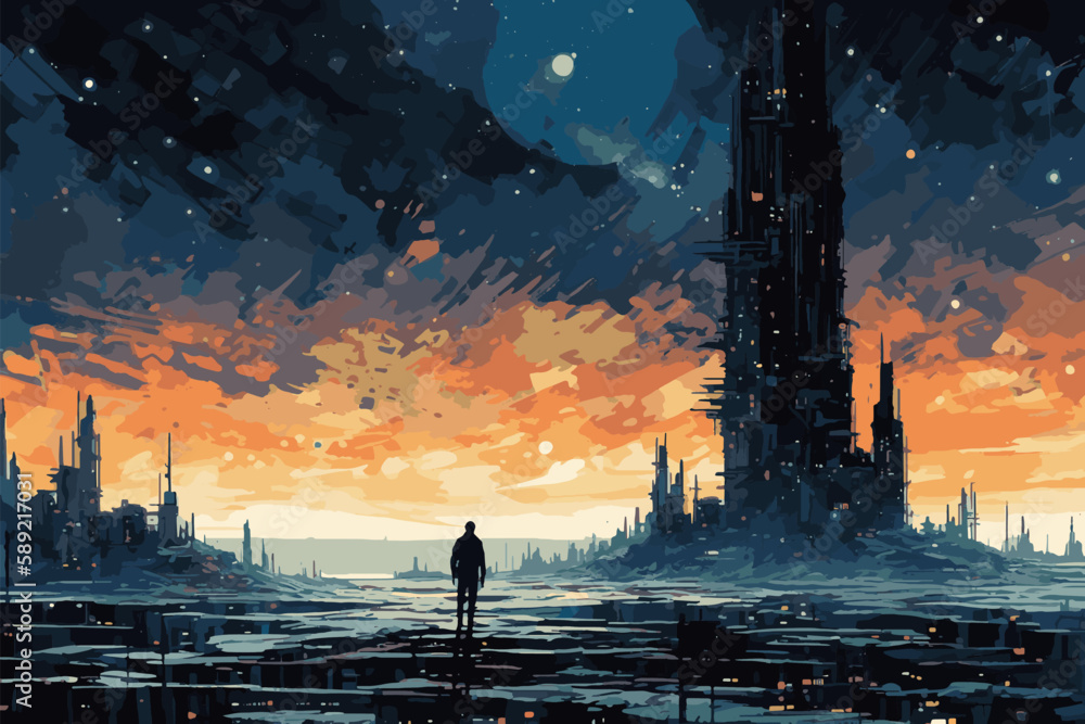 Minimalistic picture of a lonely alien tower in a alien world vector ...