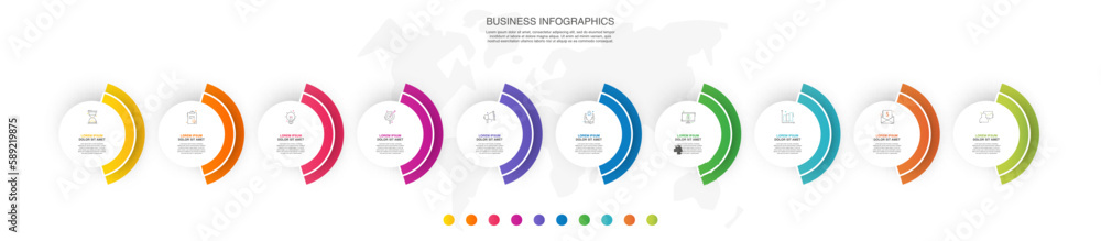Business vector infographics with 10 circles and icons. Timeline ...
