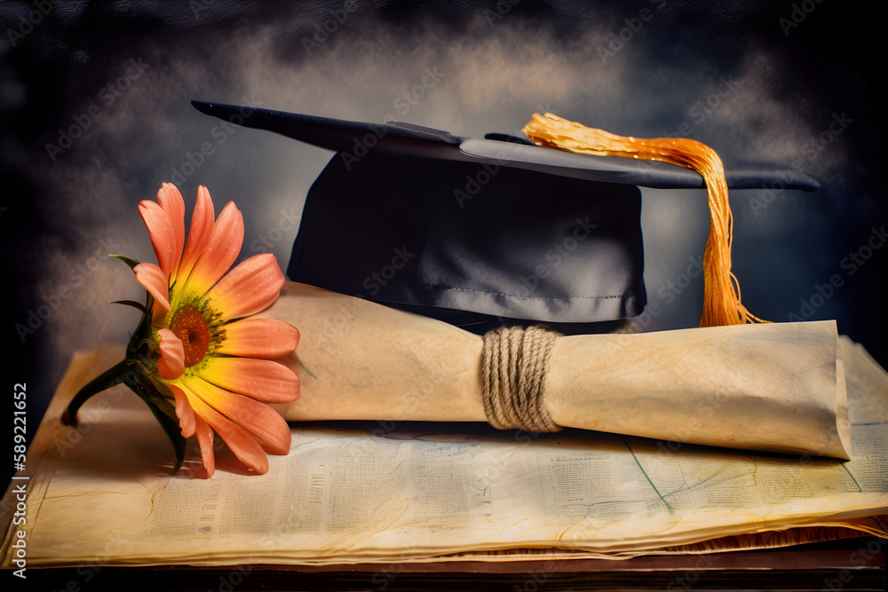 A mortarboard and a graduation scroll on the desk, education learning ...