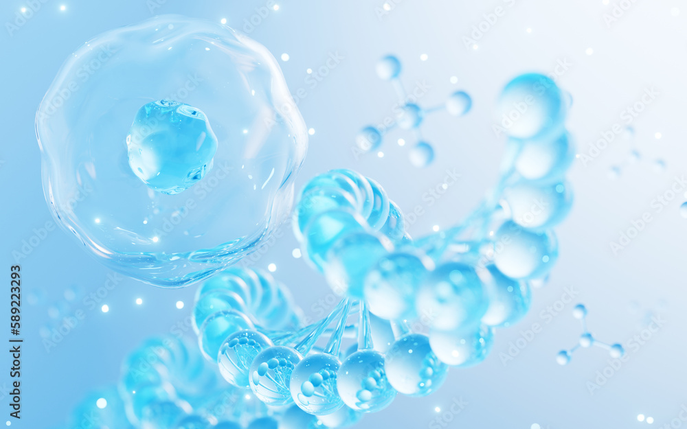 Floating cells and DNA in the blue background, skin treatment ...