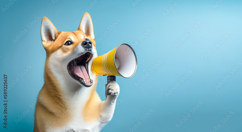 Funny cute dog, Shiba holds a yellow loudspeaker in its shouting and ...