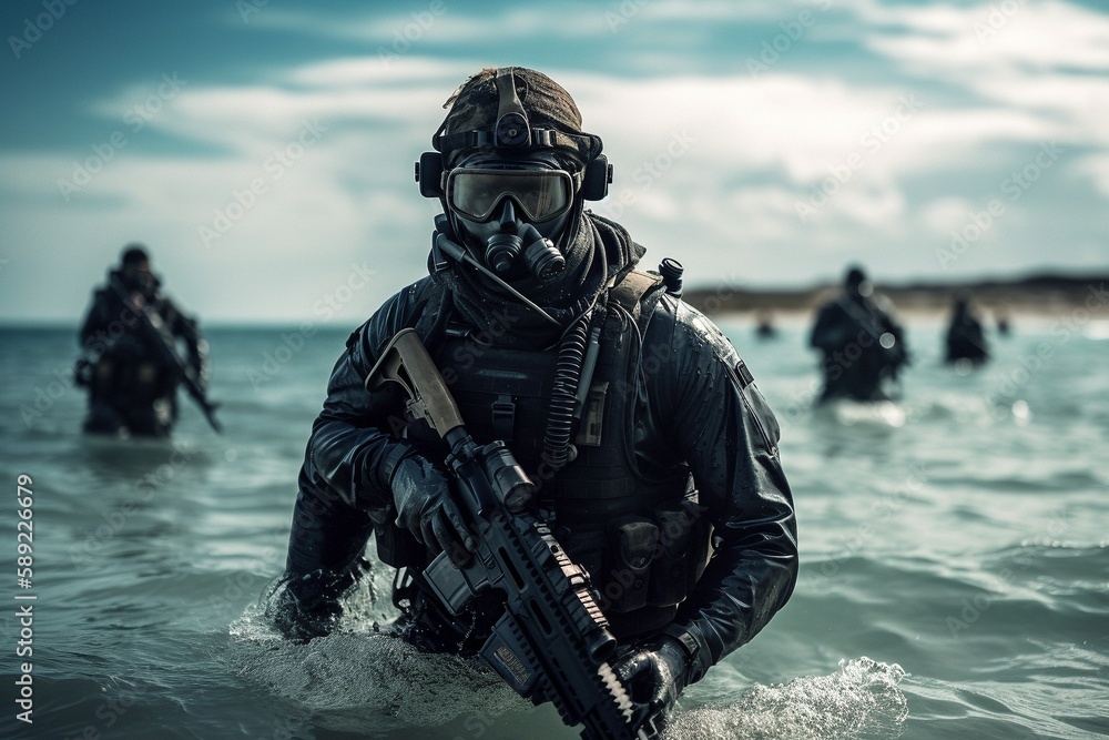 Navy SEAL team emerging from the ocean, tactical gear and AR-15 in hand ...