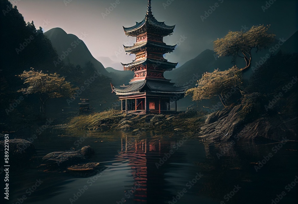 a detailed matte painting of a pagoda in the middle of a river, made ...