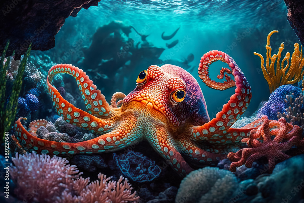 Octopus swimming in the under sea , Beautiful Underwater and colorfull ...
