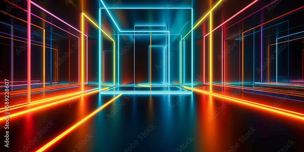 AI generated abstract space red blue pink neon background with cuboid ...