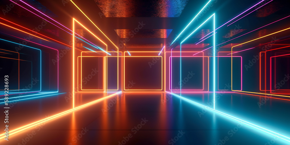 AI generated abstract space red blue pink neon background with cuboid ...