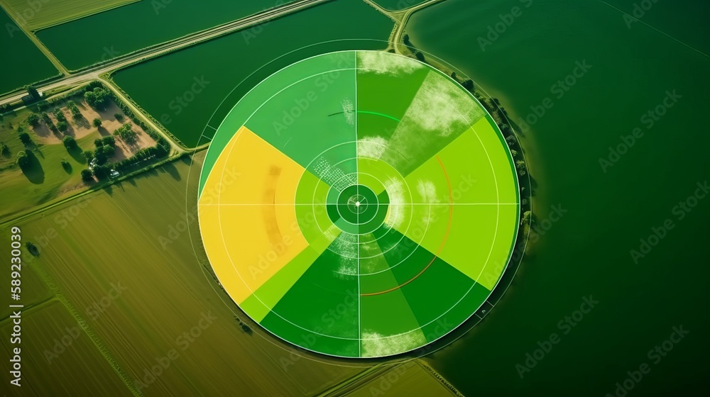 Aerial view of cultivated agricultural farming land with vivid green ...