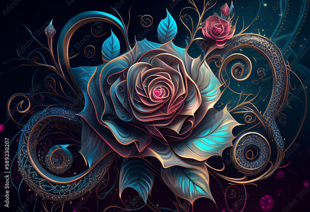 magnificent fantasy stylized rose bouquet , intertwined with scrollwork ...