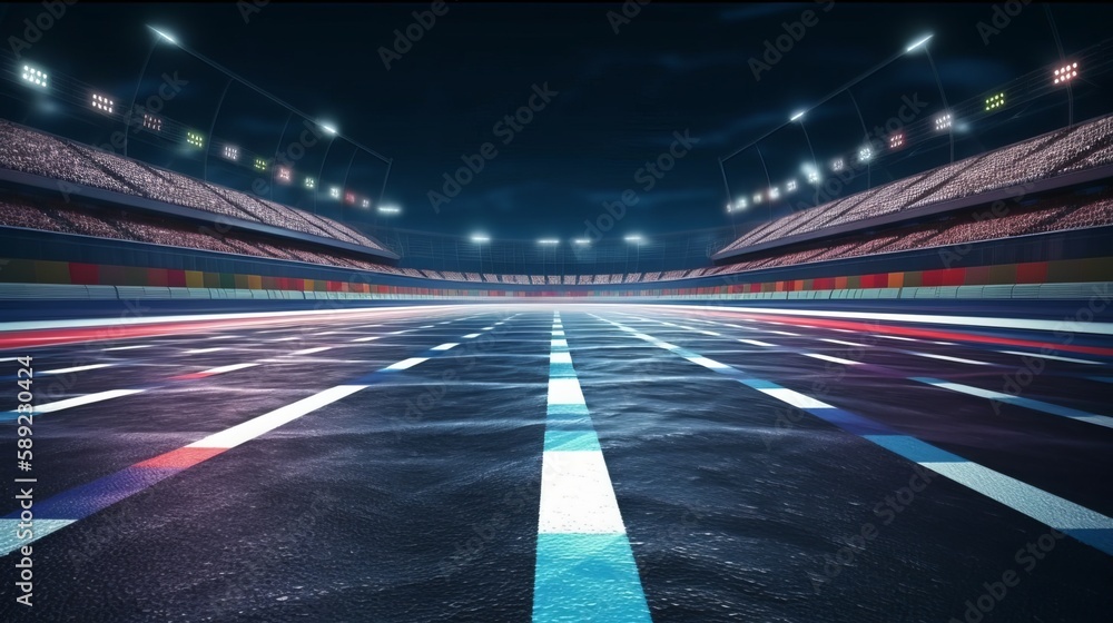 Asphalt racing track finish line and illuminated race sport stadium at ...