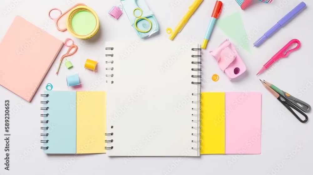 Back to school concept. Top view photo of notepads pen pencil-case mini ...