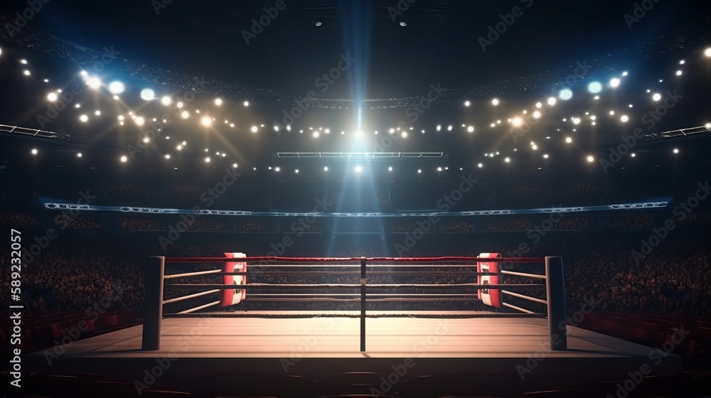Boxing fight ring. Interior upper view of sport arena with fans and ...