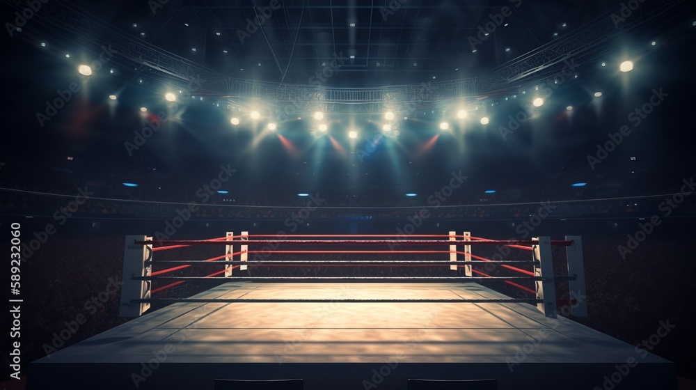 Boxing fight ring. Interior upper view of sport arena with fans and ...